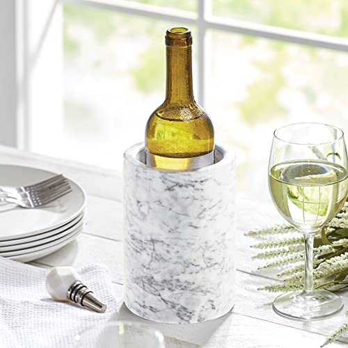 mDesign Single Bottle Wine Chiller - Ice Bucket Cooler for Kitchen, Bar, Party Decor - Holds Cold Wine, Champagne, Beer, Ready-to-Drink Cocktail Utensils, Serving Tongs - White Marble