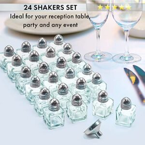 Srenta Small Salt and Pepper Shakers, Pack of 24 Bulk Salt and Pepper Shakers with Funnel Tool, Clear Glass Mini Salt and Pepper Shakers Set with Stainless Steel Tops for Wedding Table & Party, 0.5 oz