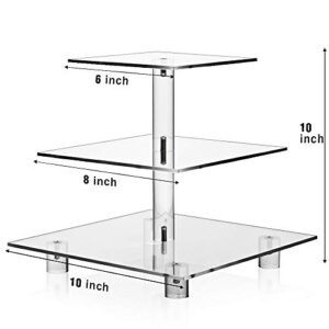 Acrylic Cupcake Stand, Clear Dessert Tower Holder Display with Base for Wedding, Party, Baby Shower, 3 Tier Square, Transparent