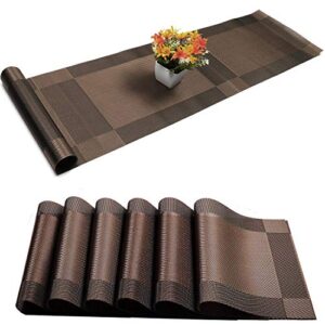 placemats with table runner sets place mats, woven crossweave placemat vinyl kitchen tablemat, washable pvc table mats for dining table, parties, farmhouse, thanksgiving, christmas & gathering (brown)