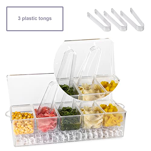 IVYHOME Chilled Condiment Server | Clear Icy Condiment Bar | Chilled Condiment Tray with Lid and 5 Removable Compartments