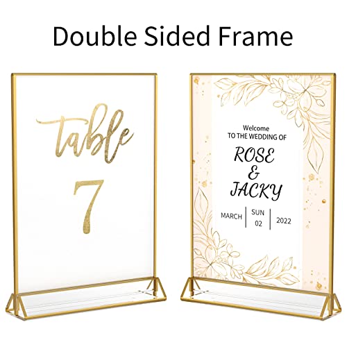 NIUBEE 6Pack 5 x 7 Clear Acrylic Wedding Table Number Holder Stands with Gold Borders, Double Sided Picture Frames Sign for Restaurant Menu Recipe Cards Photo Display