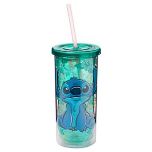 silver buffalo lilo and stitch tropical pattern plastic tall tumbler/cold cup with lid and straw, 20-ounce