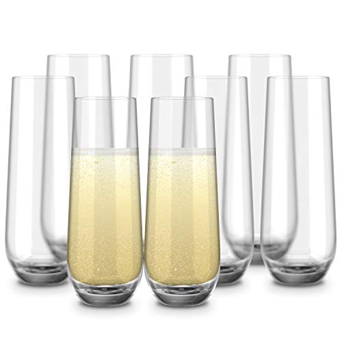 KooK Stemless Glass Champagne Flutes, Cocktail Cups for Rose, Prosecco, Mimosa, Great for Weddings and Parties, Dishwasher Safe, 9.4 oz, Set of 8