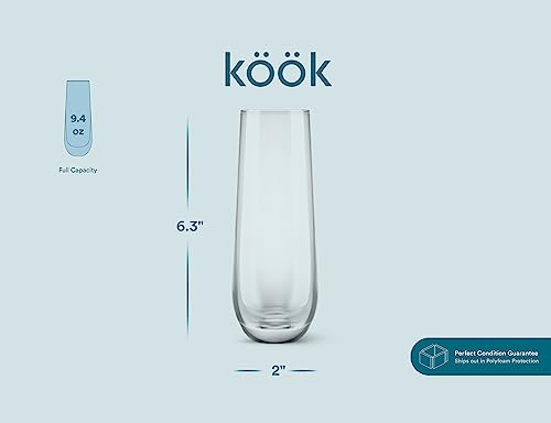 KooK Stemless Glass Champagne Flutes, Cocktail Cups for Rose, Prosecco, Mimosa, Great for Weddings and Parties, Dishwasher Safe, 9.4 oz, Set of 8