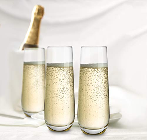 KooK Stemless Glass Champagne Flutes, Cocktail Cups for Rose, Prosecco, Mimosa, Great for Weddings and Parties, Dishwasher Safe, 9.4 oz, Set of 8