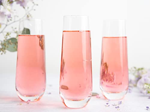 KooK Stemless Glass Champagne Flutes, Cocktail Cups for Rose, Prosecco, Mimosa, Great for Weddings and Parties, Dishwasher Safe, 9.4 oz, Set of 8