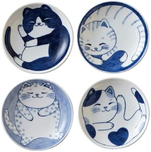 mino ware japanese small plate set ceramic cute cats design appetizer dessert sushi sauce dishes, 3.94 x 0.8 inches, set of 4