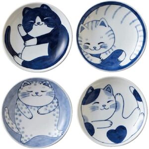 Mino Ware Japanese Small Plate Set Ceramic Cute Cats Design Appetizer Dessert Sushi Sauce Dishes, 3.94 x 0.8 Inches, Set of 4