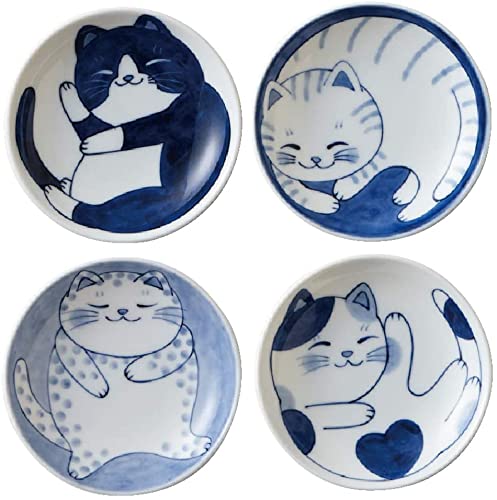 Mino Ware Japanese Small Plate Set Ceramic Cute Cats Design Appetizer Dessert Sushi Sauce Dishes, 3.94 x 0.8 Inches, Set of 4