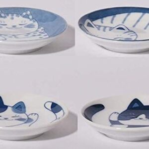 Mino Ware Japanese Small Plate Set Ceramic Cute Cats Design Appetizer Dessert Sushi Sauce Dishes, 3.94 x 0.8 Inches, Set of 4