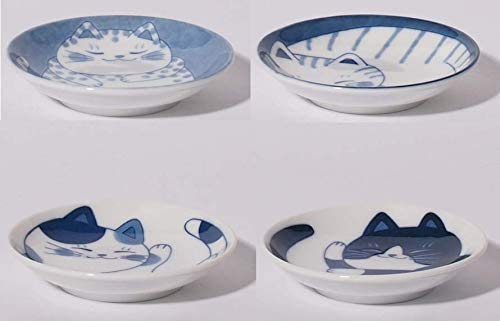 Mino Ware Japanese Small Plate Set Ceramic Cute Cats Design Appetizer Dessert Sushi Sauce Dishes, 3.94 x 0.8 Inches, Set of 4