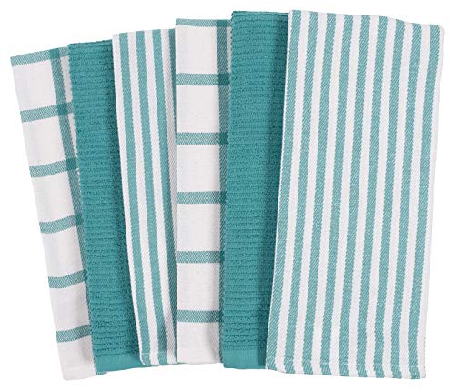 KAF Home Mixed Flat & Terry Kitchen Towels | Set of 6 18 x 28 Inches | 4 Flat Weave Towels for Cooking and Drying Dishes and 2 Terry Towels, for House Cleaning and Tackling Messes and Spills (Teal)