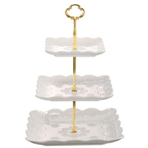 sumerflos 3 tier porcelain cupcake stand, tiered serving cake stand, square white embossed dessert stand, weddings parties pastry serving tray