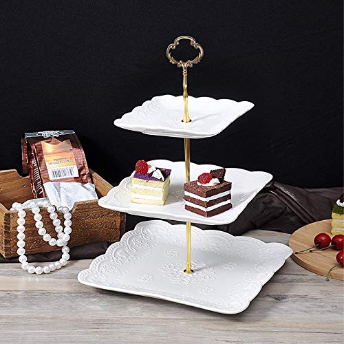 Sumerflos 3 Tier Porcelain Cupcake Stand, Tiered Serving Cake Stand, Square White Embossed Dessert Stand, Weddings Parties Pastry Serving Tray