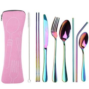 reusable travel utensils cutlery set with case, yimicoo stainless steel portable flatware set silverware set for camping picnic office or school lunch (pink)