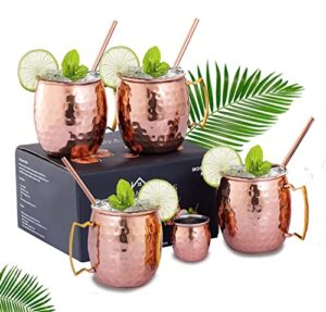 artisans village moscow mule mugs | set of 4 | stainless steel lining | pure copper plating | 100% handcrafted hammered cups | size 16 oz | with premium straws and shot glass