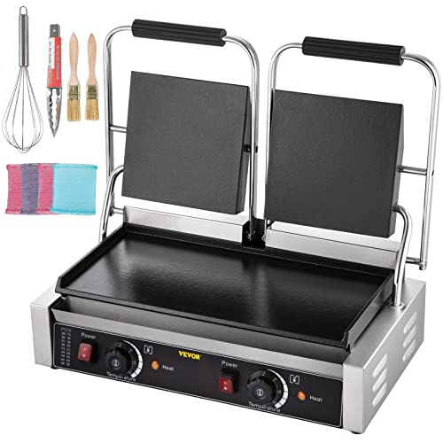 Happybuy Commercial Sandwich Panini Press Grill, 2X1800W Double Flat Plates Electric Stainless Steel Sandwich Maker, Temperature Control 122°F-572°F for Hamburgers Steaks Bacons