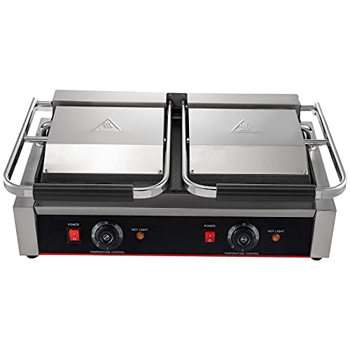 Happybuy Commercial Sandwich Panini Press Grill, 2X1800W Double Flat Plates Electric Stainless Steel Sandwich Maker, Temperature Control 122°F-572°F for Hamburgers Steaks Bacons