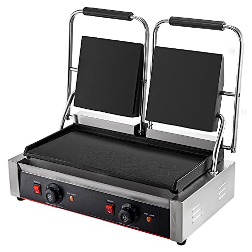 Happybuy Commercial Sandwich Panini Press Grill, 2X1800W Double Flat Plates Electric Stainless Steel Sandwich Maker, Temperature Control 122°F-572°F for Hamburgers Steaks Bacons