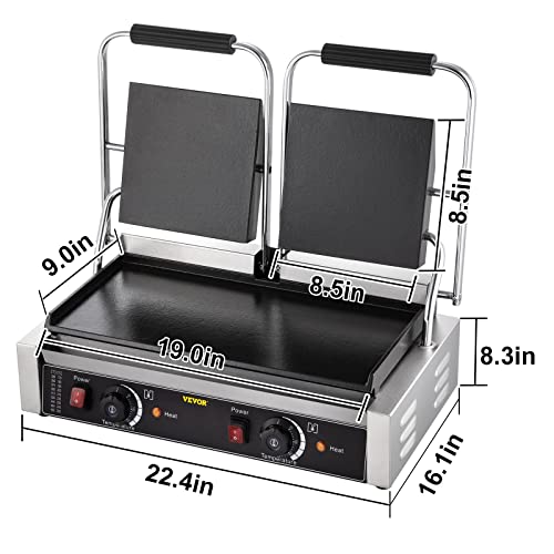 Happybuy Commercial Sandwich Panini Press Grill, 2X1800W Double Flat Plates Electric Stainless Steel Sandwich Maker, Temperature Control 122°F-572°F for Hamburgers Steaks Bacons