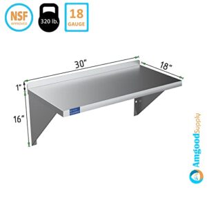 AmGood 18" Width x 30" Length | Stainless Steel Wall Shelf | Square Edge | Metal Shelving | Heavy Duty | Commercial Grade | Wall Mount | NSF Certified