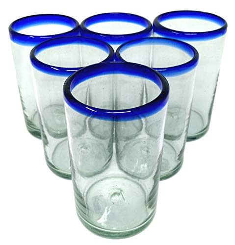 Hand Blown Mexican Drinking Glasses - Set of 6 Glasses with Cobalt Blue Rims (14 oz each)