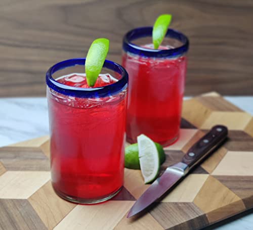 Hand Blown Mexican Drinking Glasses - Set of 6 Glasses with Cobalt Blue Rims (14 oz each)