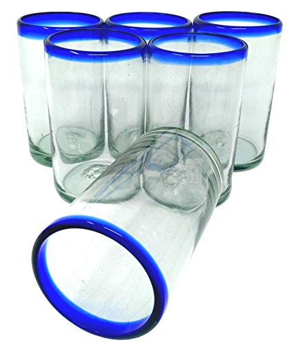 Hand Blown Mexican Drinking Glasses - Set of 6 Glasses with Cobalt Blue Rims (14 oz each)