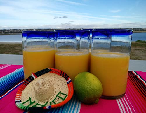 Hand Blown Mexican Drinking Glasses - Set of 6 Glasses with Cobalt Blue Rims (14 oz each)