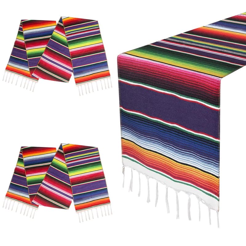 Mexican Table Runner for Cinco de Mayo Decorations, 14" x 108" 2Packs Hand Woven Mexican Blanket Table Runner Fiesta Party Supplies, Fringe Cotton Serape Table Runner for Mexican Party Wedding Decor