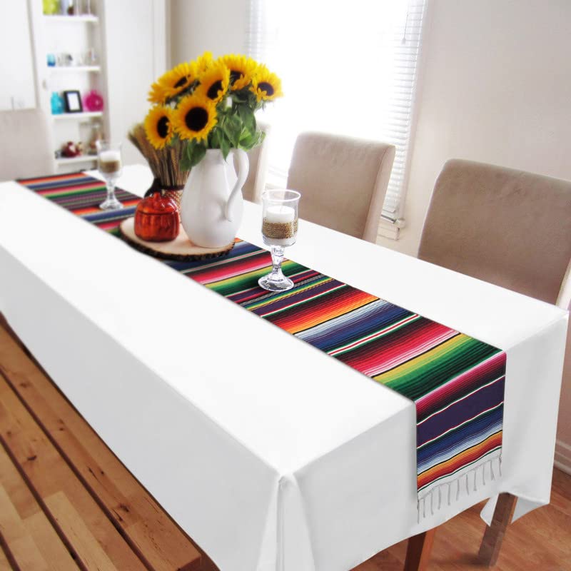 Mexican Table Runner for Cinco de Mayo Decorations, 14" x 108" 2Packs Hand Woven Mexican Blanket Table Runner Fiesta Party Supplies, Fringe Cotton Serape Table Runner for Mexican Party Wedding Decor