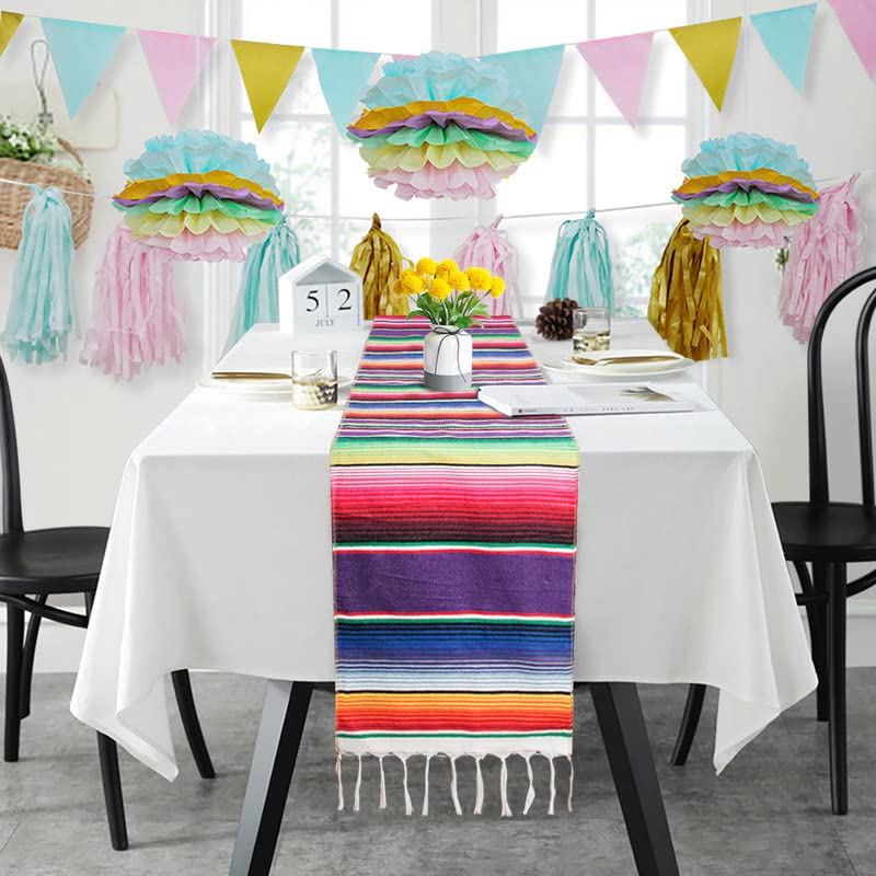 Mexican Table Runner for Cinco de Mayo Decorations, 14" x 108" 2Packs Hand Woven Mexican Blanket Table Runner Fiesta Party Supplies, Fringe Cotton Serape Table Runner for Mexican Party Wedding Decor