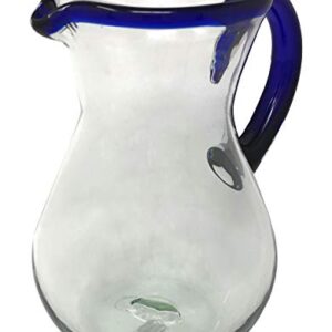 Mexican Hand Blown Glass Pitcher – Cobalt Blue Rim and Handle (84 oz)