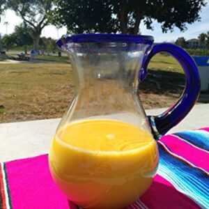 Mexican Hand Blown Glass Pitcher – Cobalt Blue Rim and Handle (84 oz)