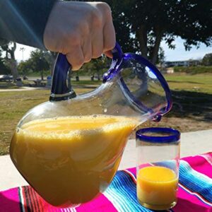 Mexican Hand Blown Glass Pitcher – Cobalt Blue Rim and Handle (84 oz)