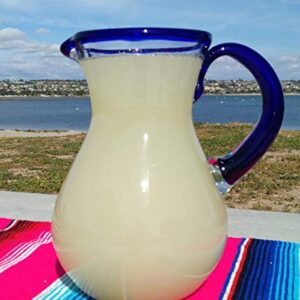 Mexican Hand Blown Glass Pitcher – Cobalt Blue Rim and Handle (84 oz)