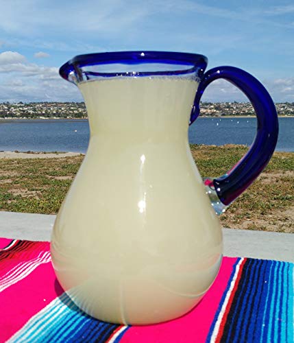 Mexican Hand Blown Glass Pitcher – Cobalt Blue Rim and Handle (84 oz)