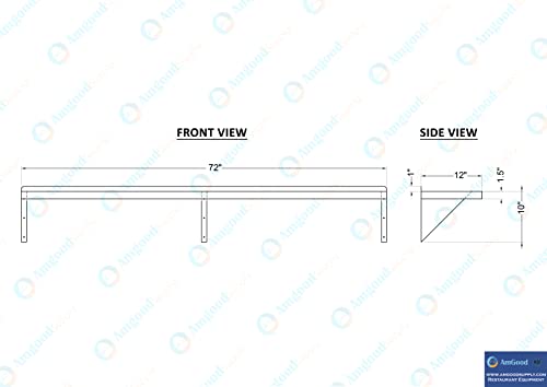 AmGood 12" Width x 72" Length | Stainless Steel Wall Shelf | Square Edge | Metal Shelving | Heavy Duty | Commercial Grade | Wall Mount | NSF Certified