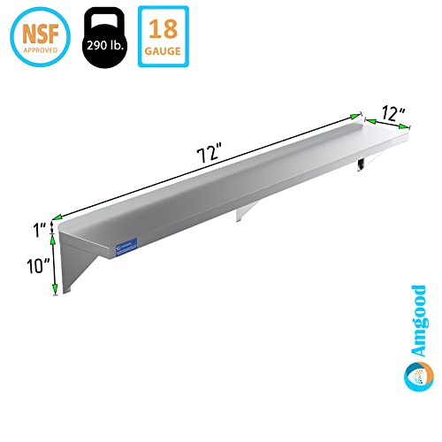 AmGood 12" Width x 72" Length | Stainless Steel Wall Shelf | Square Edge | Metal Shelving | Heavy Duty | Commercial Grade | Wall Mount | NSF Certified