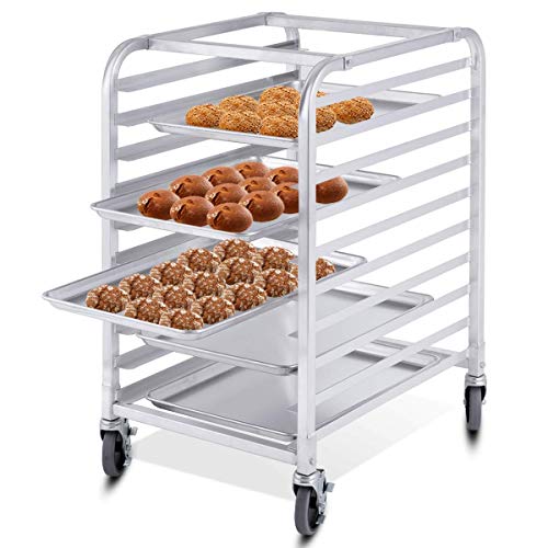 ReunionG 10 Tier Bun Pan Rack, Bakery Rack with 2 Lockable Wheels, 10 Sheet Aluminum Storage Cooling Trolley with Open Shelf, Dough Pizza Baking Mobile Rack for Home Commercial