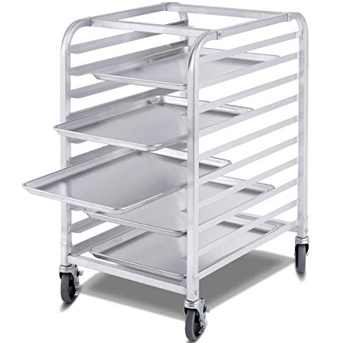 ReunionG 10 Tier Bun Pan Rack, Bakery Rack with 2 Lockable Wheels, 10 Sheet Aluminum Storage Cooling Trolley with Open Shelf, Dough Pizza Baking Mobile Rack for Home Commercial