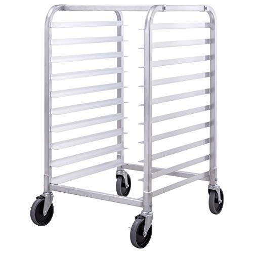 ReunionG 10 Tier Bun Pan Rack, Bakery Rack with 2 Lockable Wheels, 10 Sheet Aluminum Storage Cooling Trolley with Open Shelf, Dough Pizza Baking Mobile Rack for Home Commercial