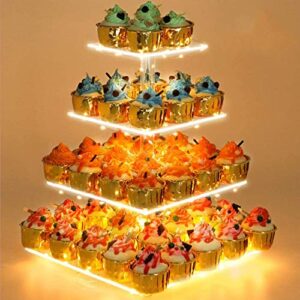 yestbuy 4 tier cupcake stand acrylic tower display with led light premium holder dessert tree tower for birthday cady bar décor weddings, parties events (yellow light)