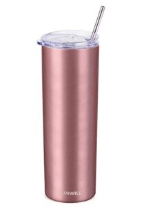 sunwill straw tumbler skinny travel tumbler with lid, vacuum insulated double wall stainless steel 20oz for coffee, tea, beverages, rose gold