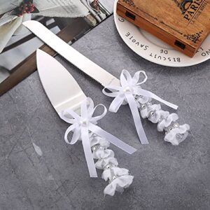 TANG SONG Elegant Stainless Steel Wedding Cake Knife and Serving Set Resin Plastic Handle with Heart Beads and Bowknot Riband Lace Design