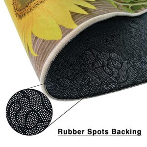 Kitchen Rugs Sets 2 Piece Floor Mats 3 Sunflower on The Wooden Table Doormat Non-Slip Rubber Backing Area Rugs Washable Carpet Inside Door Mat Pad Sets (15.7" x 23.6"+15.7" x 47.2")