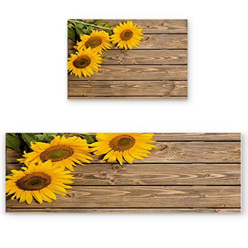 Kitchen Rugs Sets 2 Piece Floor Mats 3 Sunflower on The Wooden Table Doormat Non-Slip Rubber Backing Area Rugs Washable Carpet Inside Door Mat Pad Sets (15.7" x 23.6"+15.7" x 47.2")