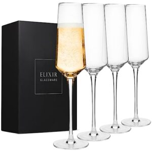 elixir glassware classy champagne flutes - hand blown crystal champagne glasses - set of 4 elegant flutes - gift for wedding, anniversary, christmas - 8oz, clear