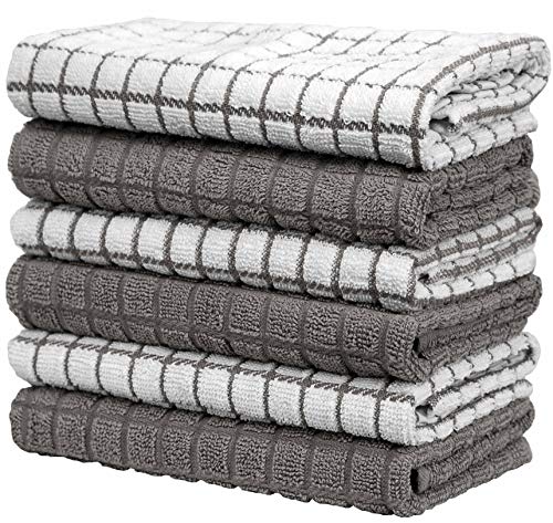 Kitchen Towels 16"x 28" | Dish Towels | Kitchen Hand Towels | Large Dishcloths Set | Highly Absorbent Tea Towel, Soft with Hanging Loop | Natural Ring Spun Cotton, 380 GSM | Gray Check Design - 6 Pack